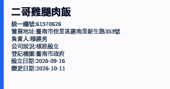 二哥雞腿肉飯的照片-統編 61570626(臺南市) 公司登記資料與營業項目詳細圖表