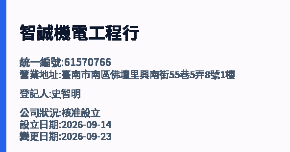 智誠機電工程行的照片-統編 61570766(臺南市) 公司登記資料與營業項目詳細圖表