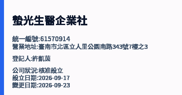 蟄光生醫企業社的照片-統編 61570914(臺南市) 公司登記資料與營業項目詳細圖表