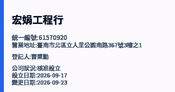 宏娟工程行的照片-統編 61570920(臺南市) 公司登記資料與營業項目詳細圖表