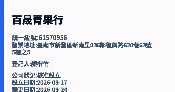 百晟青果行的照片-統編 61570956(臺南市) 公司登記資料與營業項目詳細圖表
