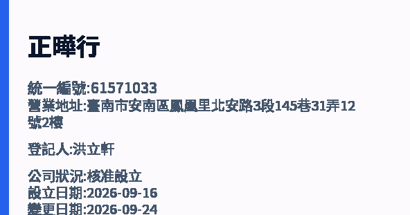 正曄行的照片-統編 61571033(臺南市) 公司登記資料與營業項目詳細圖表