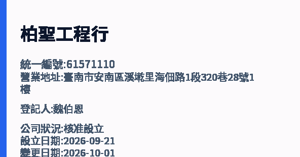 柏聖工程行的照片-統編 61571110(臺南市) 公司登記資料與營業項目詳細圖表