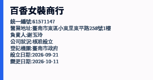 百香女裝商行的照片-統編 61571147(臺南市) 公司登記資料與營業項目詳細圖表