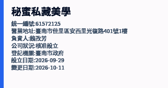 秘蜜私藏美學的照片-統編 61572125(臺南市) 公司登記資料與營業項目詳細圖表