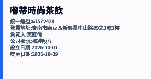 嘟蒂時尚茶飲的照片-統編 61572429(臺南市) 公司登記資料與營業項目詳細圖表