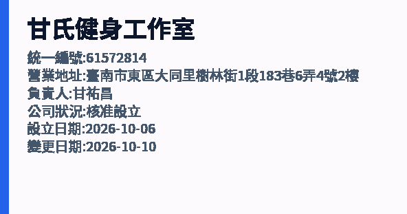 甘氏健身工作室的照片-統編 61572814(臺南市) 公司登記資料與營業項目詳細圖表