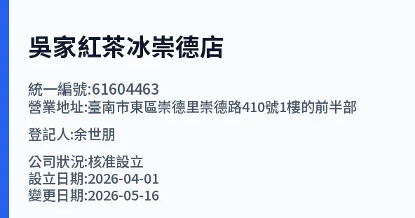 吳家紅茶冰崇德店的照片-統編 61604463(臺南市) 公司登記資料與營業項目詳細圖表