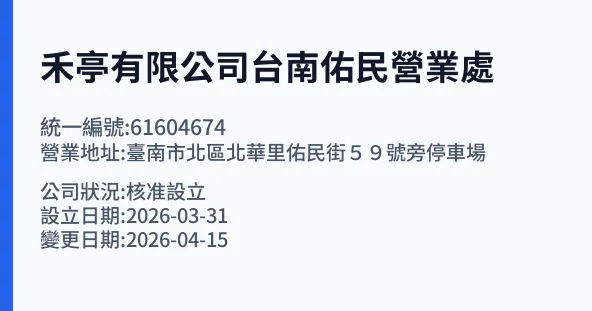 禾亭有限公司台南佑民營業處的照片-統編 61604674(臺南市) 公司登記資料與營業項目詳細圖表
