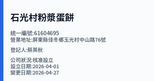石光村粉漿蛋餅的照片-統編 61604695(屏東縣) 公司登記資料與營業項目詳細圖表