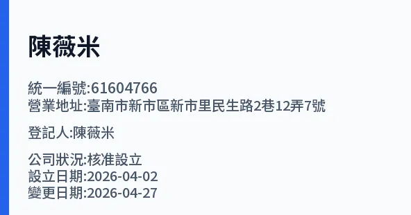 陳薇米的照片-統編 61604766(臺南市) 公司登記資料與營業項目詳細圖表