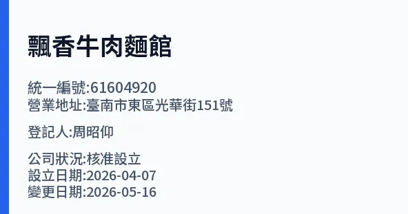 飄香牛肉麵館的照片-統編 61604920(臺南市) 公司登記資料與營業項目詳細圖表
