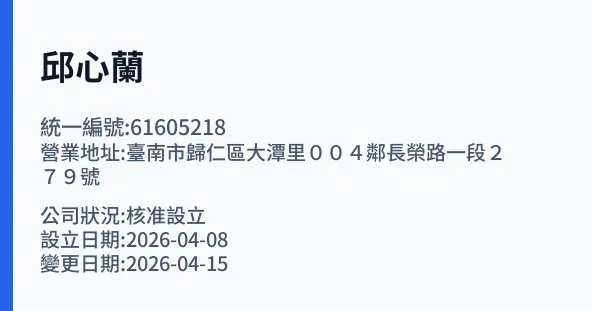 邱心蘭的照片-統編 61605218(臺南市) 公司登記資料與營業項目詳細圖表
