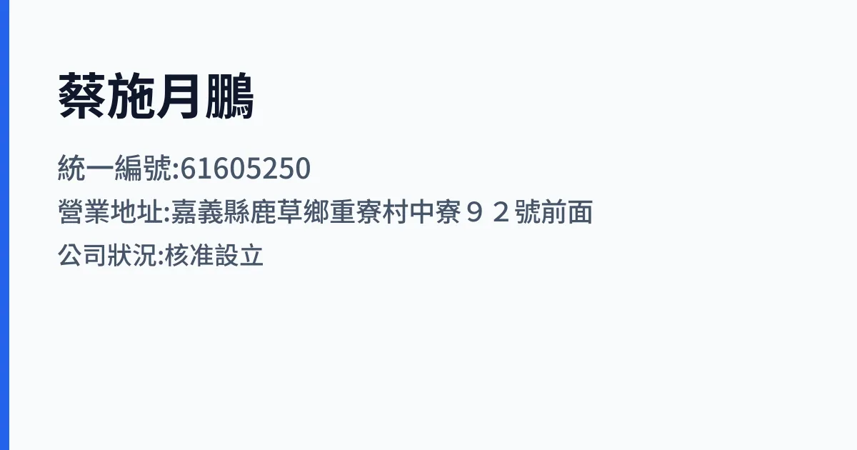 蔡施月鵬 - 統編 61605250(嘉義縣) 公司登記資料與營業項目詳細圖表