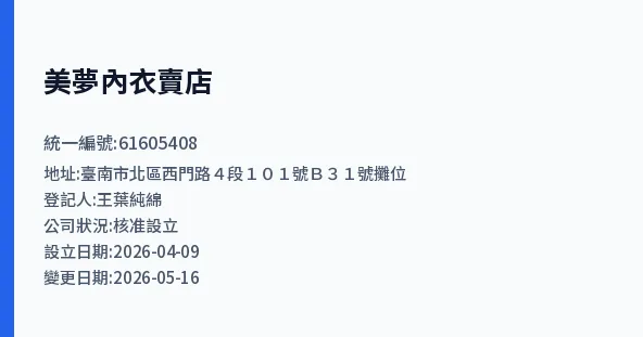 美夢內衣賣店的照片-統編 61605408(臺南市) 公司登記資料與營業項目詳細圖表