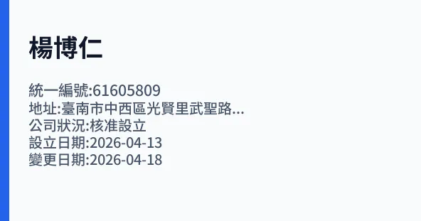 楊博仁的照片-統編 61605809(臺南市) 公司登記資料與營業項目詳細圖表