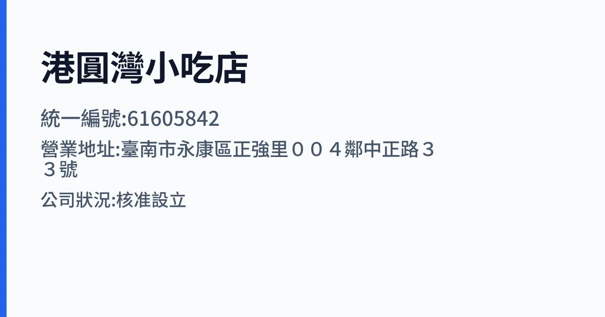 港圓灣小吃店 - 統編 61605842(臺南市) 公司登記資料與營業項目詳細圖表