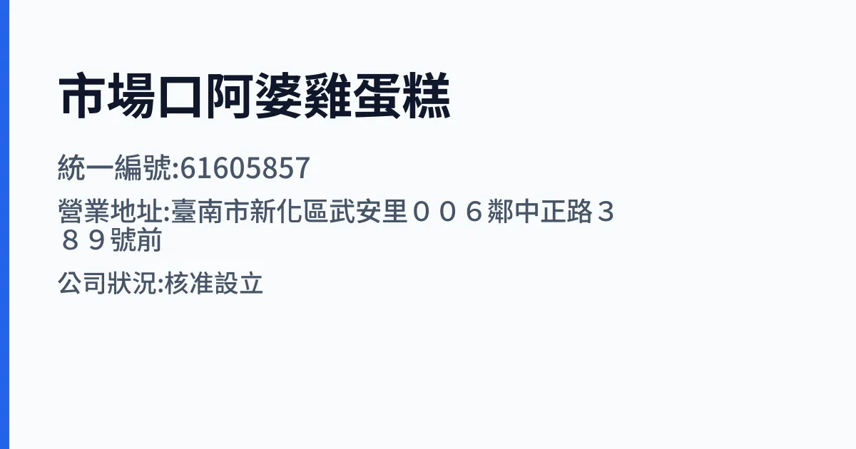 市場口阿婆雞蛋糕 - 統編 61605857(臺南市) 公司登記資料與營業項目詳細圖表