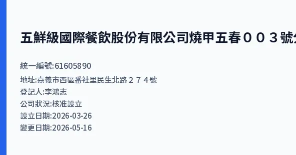 五鮮級國際餐飲股份有限公司燒甲五春003號分店的照片-統編 61605890(嘉義市) 公司登記資料與營業項目詳細圖表
