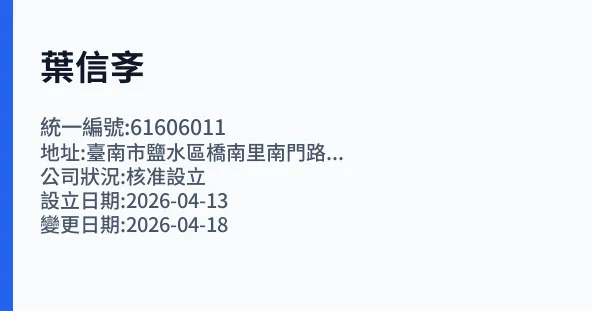 葉信斈的照片-統編 61606011(臺南市) 公司登記資料與營業項目詳細圖表