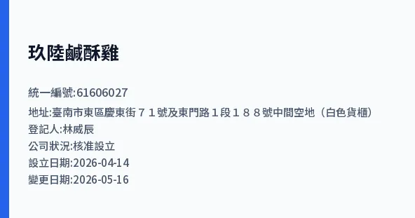 玖陸鹹酥雞的照片-統編 61606027(臺南市) 公司登記資料與營業項目詳細圖表