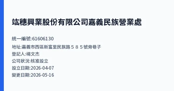 竑穗興業股份有限公司嘉義民族營業處的照片-統編 61606130(嘉義市) 公司登記資料與營業項目詳細圖表
