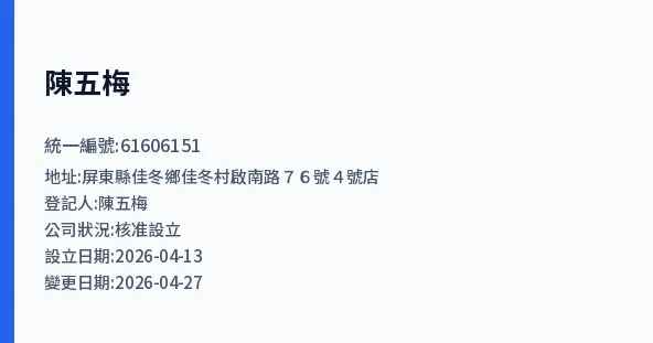 陳五梅的照片-統編 61606151(屏東縣) 公司登記資料與營業項目詳細圖表
