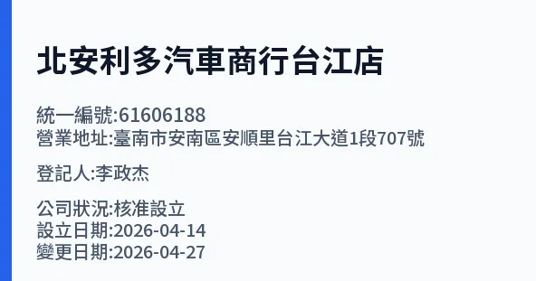 北安利多汽車商行台江店的照片-統編 61606188(臺南市) 公司登記資料與營業項目詳細圖表