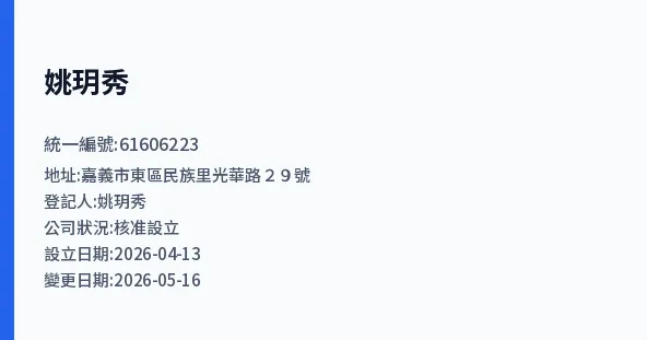 姚玥秀的照片-統編 61606223(嘉義市) 公司登記資料與營業項目詳細圖表