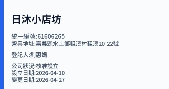 日沐小店坊的照片-統編 61606265(嘉義縣) 公司登記資料與營業項目詳細圖表