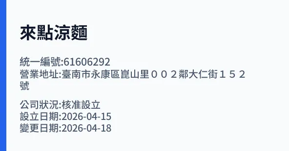 來點涼麵的照片-統編 61606292(臺南市) 公司登記資料與營業項目詳細圖表