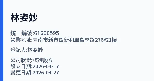 林姿妙的照片-統編 61606595(臺南市) 公司登記資料與營業項目詳細圖表