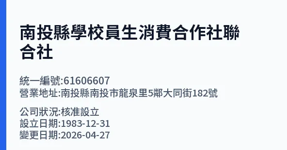 南投縣學校員生消費合作社聯合社的照片-統編 61606607(南投縣) 公司登記資料與營業項目詳細圖表