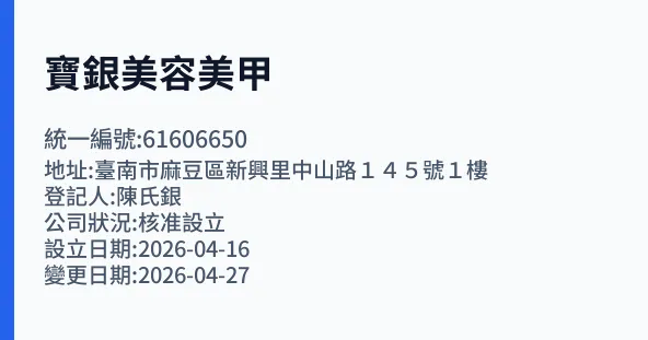 寶銀美容美甲的照片-統編 61606650(臺南市) 公司登記資料與營業項目詳細圖表