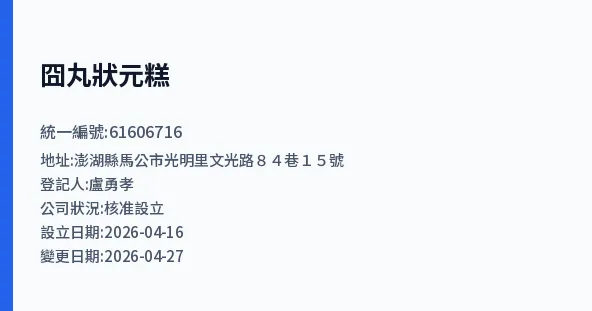 囧丸狀元糕的照片-統編 61606716(澎湖縣) 公司登記資料與營業項目詳細圖表