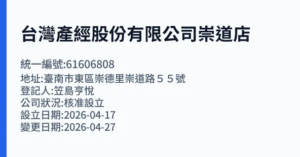 台灣產經股份有限公司崇道店的照片-統編 61606808(臺南市) 公司登記資料與營業項目詳細圖表