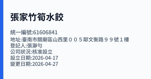 張家竹筍水餃的照片-統編 61606841(臺南市) 公司登記資料與營業項目詳細圖表