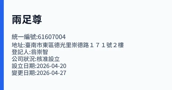 兩足尊的照片-統編 61607004(臺南市) 公司登記資料與營業項目詳細圖表
