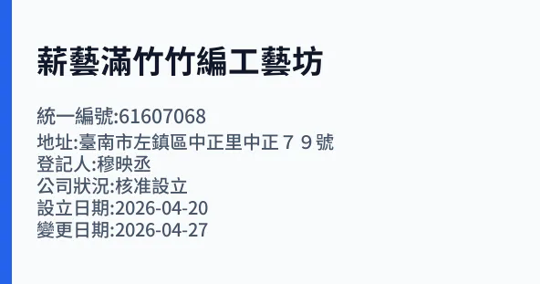 薪藝滿竹竹編工藝坊的照片-統編 61607068(臺南市) 公司登記資料與營業項目詳細圖表