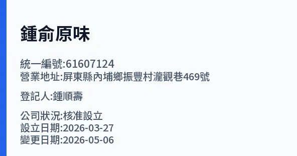 鍾俞原味的照片-統編 61607124(屏東縣) 公司登記資料與營業項目詳細圖表