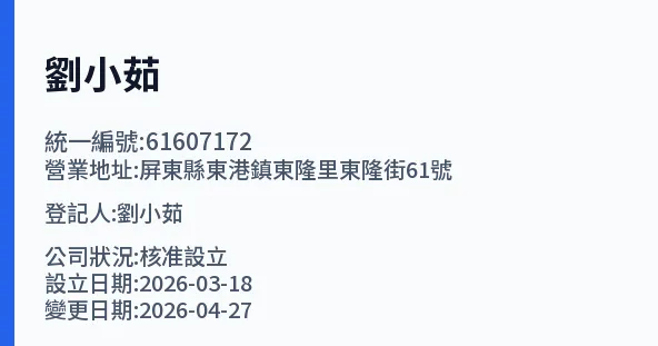 劉小茹的照片-統編 61607172(屏東縣) 公司登記資料與營業項目詳細圖表
