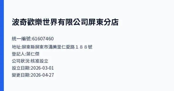 波奇歡樂世界有限公司屏東分店的照片-統編 61607460(屏東縣) 公司登記資料與營業項目詳細圖表
