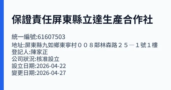 保證責任屏東縣立達生產合作社的照片-統編 61607503(屏東縣) 公司登記資料與營業項目詳細圖表