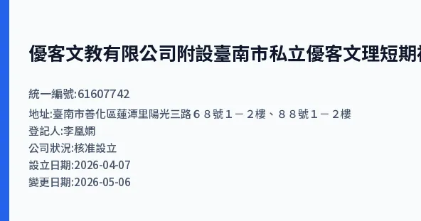 優客文教有限公司附設臺南市私立優客文理短期補習班的照片-統編 61607742(臺南市) 公司登記資料與營業項目詳細圖表