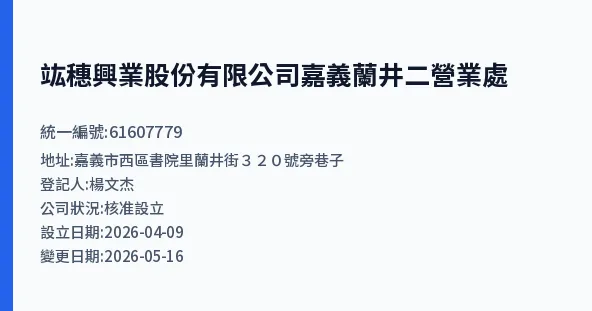竑穗興業股份有限公司嘉義蘭井二營業處的照片-統編 61607779(嘉義市) 公司登記資料與營業項目詳細圖表