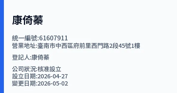 康倚蓁的照片-統編 61607911(臺南市) 公司登記資料與營業項目詳細圖表
