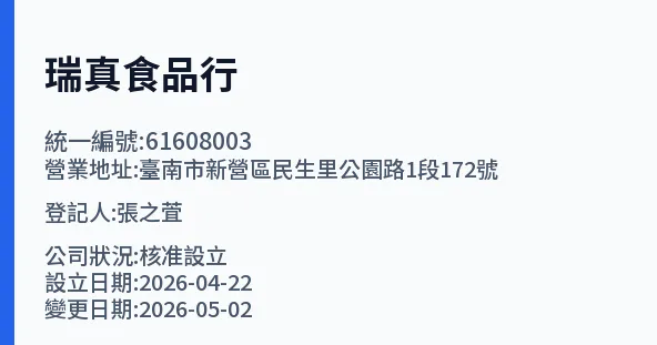 瑞真食品行的照片-統編 61608003(臺南市) 公司登記資料與營業項目詳細圖表