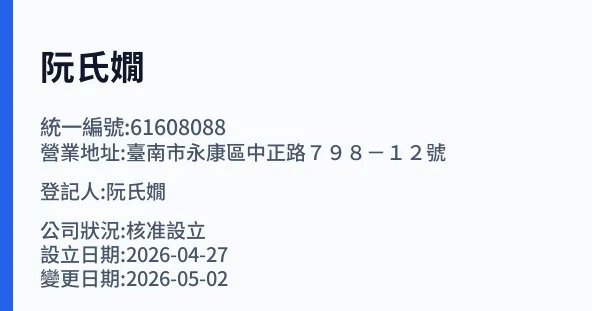 阮氏嫺的照片-統編 61608088(臺南市) 公司登記資料與營業項目詳細圖表