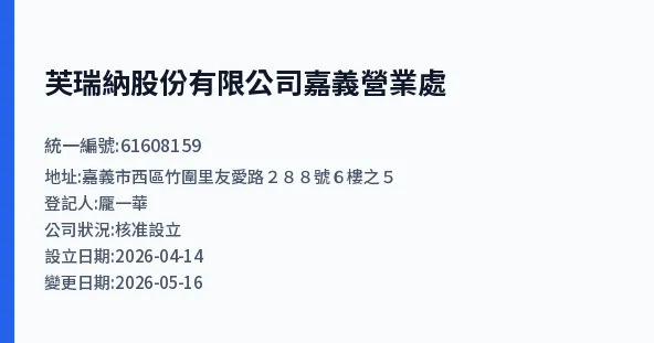 芙瑞納股份有限公司嘉義營業處的照片-統編 61608159(嘉義市) 公司登記資料與營業項目詳細圖表
