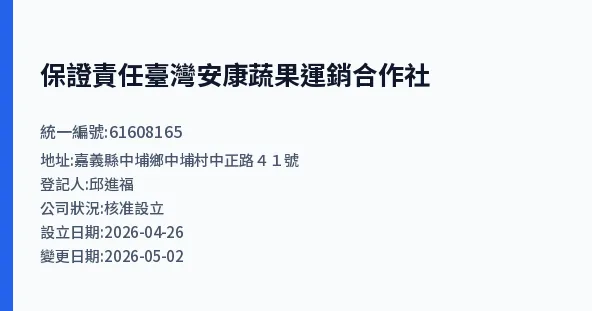 保證責任臺灣安康蔬果運銷合作社的照片-統編 61608165(嘉義縣) 公司登記資料與營業項目詳細圖表